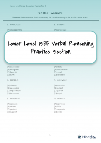 Lower Level Practice ISEE Verbal Reasoning Section - MindMine Education