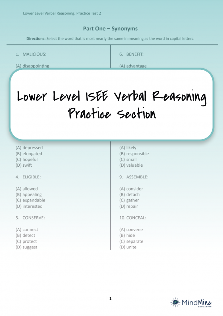 Lower Level Practice ISEE Verbal Reasoning Section - MindMine Education
